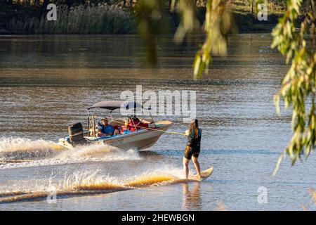 Water-skiers on Balonne River at St George, Queensland, Australia Stock ...