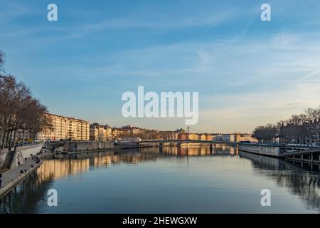 skyline of Lyon at the river Rhone under blue sky Stock Photo - Alamy