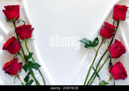 Red roses put on white satin cloth background for anniversary, mother and Valentine's day ...