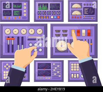 Retro control dashboard panel with operator hands, console connection ...