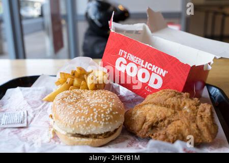 a tray of KFC French fries, burger and fried chicken , restaurant Kent ...