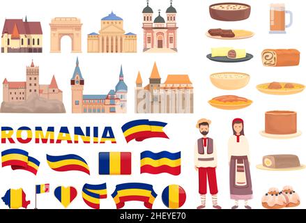 Romania icons set cartoon vector. Food map. Dracula castle. Romania ...