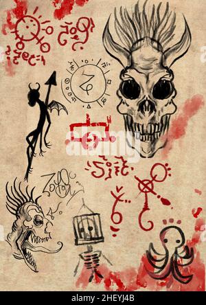 necronomicon like horror illustrated book page illustration Stock Photo ...