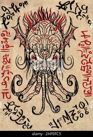 necronomicon like horror illustrated book page illustration Stock Photo ...