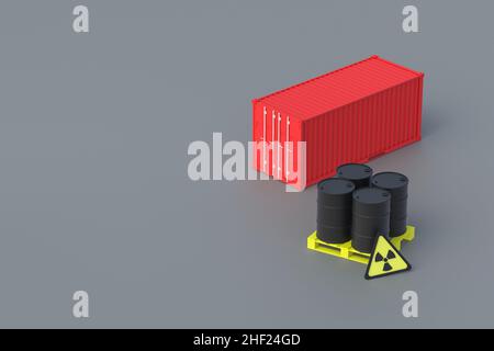Freight container on pallet near sign of radiation. The concept of ...