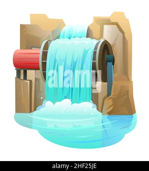 Water generator. Cascade spills down over paddle wheel. Electricity ...