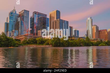 Austin Texas sunset over during clear sky summer evening as the sun ...