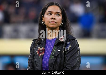 American singer Brooke Simpson performs the national anthem prior to an ...