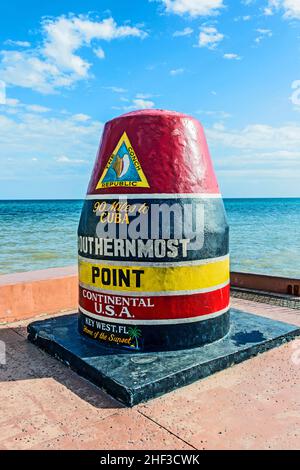 Colorful buoy marker at the Southernmost Point in Key West, Florida, a ...