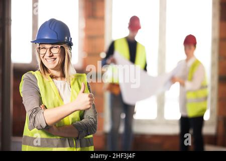 worker, investor, inspector or architect showing thumbs up ...