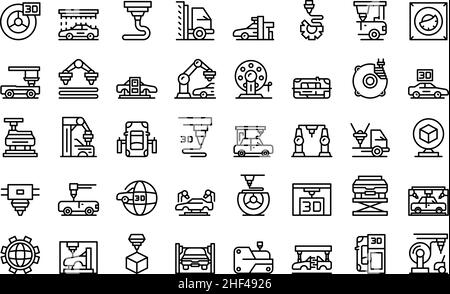 3D cars printing icons set outline vector. Computer printer. Car auto ...
