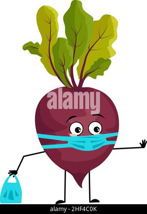Beet character with sad emotions, face and mask keep distance, arms and ...