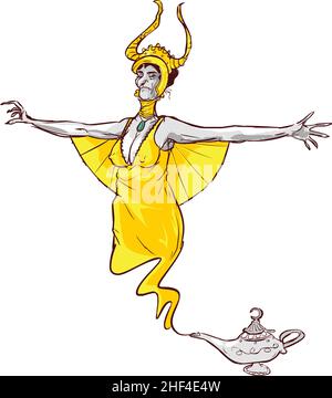 Genie coming out of magic lamp cartoon character sticker illustration Stock Vector Image & Art ...