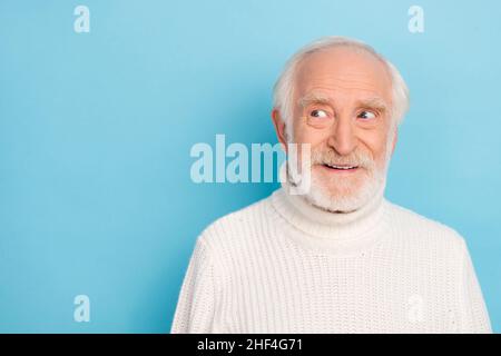 Photo of curious grey hairdo aged lady look empty space wear striped ...