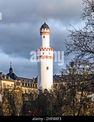 Castle Bad Homburg and watchtower reflecting in pond, Hessen, Germany ...