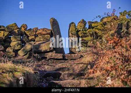 Stone squeeze stile, Crich, Derbyshire, England Stock Photo - Alamy