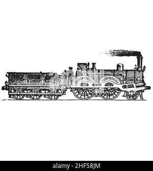 Retro train, side view. Hand drawn vintage steam locomotive in sketch style. Transport vector ...
