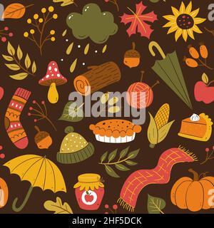 Seamless pattern with hand drawn pumpkin leaves and flowers. Golden ...