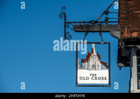 Chichester, January 5th 2022: Pub sign for The Old Cross pub in North ...