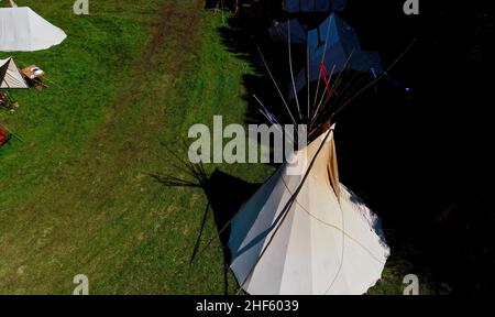 Aerial view of Blood Lake Rendezvous encampment of pre-1840 historical ...