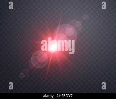 Red sunlight lens flare, sun flash with rays and spotlight. Glowing ...