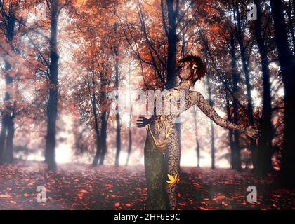 Fantasy dryad woman with tree trunk leg, 3d Illustration Stock Photo ...