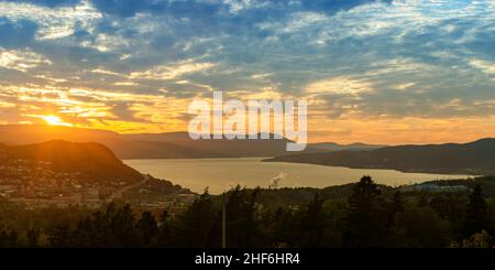 An aerial view of the City of Corner Brook, Newfoundland. The harbour ...