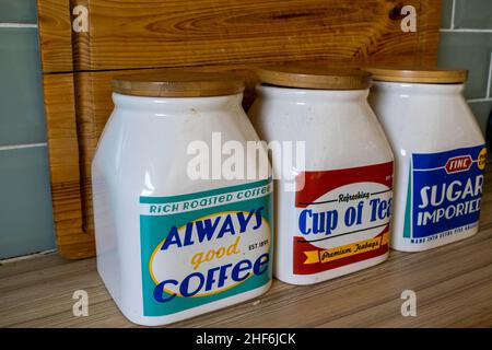 Hull, UK - 25th August 2019: Tea, Coffee and sugar ceramic kitchenware ...