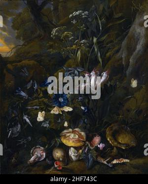 Still life of mushrooms and forest flowers on wooden background ...