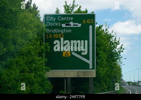 Road sign directing to Hull City Centre, Hull ferry terminal docks and ...