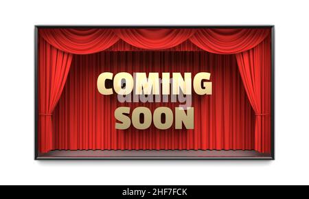 Coming Soon poster with red stage curtains 3D illustration Stock Photo ...