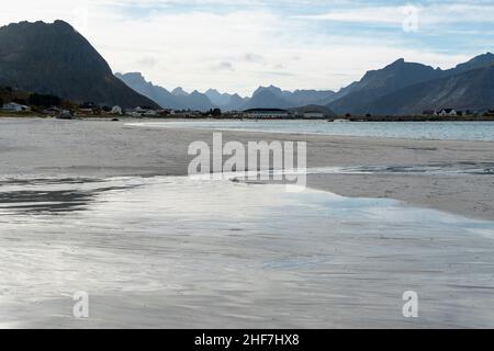 Norway, Lofoten, Flakstadøya, Ramberg Strand, dune grass Stock Photo ...