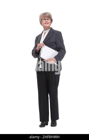 Front view of businesswoman with clipboard and finger point up Stock ...