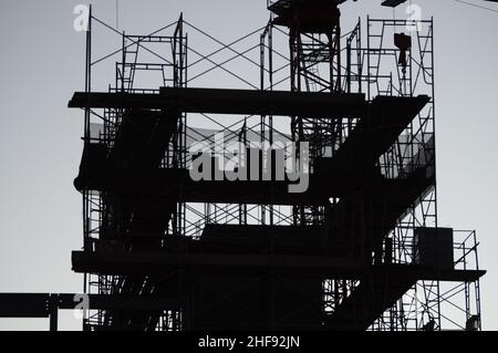 Scaffolding in place for construction of elevator shafts in an ...