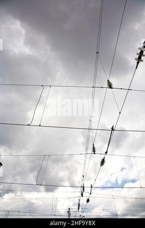 railway wire of the high tension line Stock Photo - Alamy