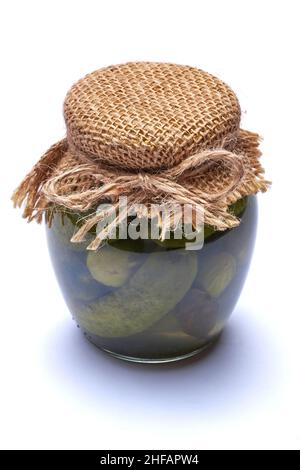 Can of Tasty green cornichons isolated on a white background Stock ...