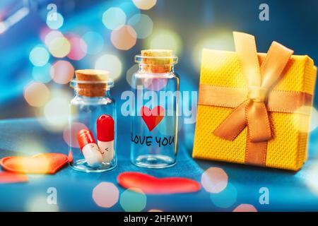 Love medicine. I love you .Tablets in jars are kissing, Happy Valentine's Day, Mother's Day ...