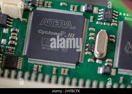 Timisoara, Romania - August 26, 2019: Close-up of an Altera Cyclone 3 ...
