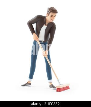 3d man pushing a broom, illustration isolated on white background Stock ...