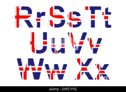Letters with Icelandic flag. A, B, C, D, E, F, G, H, I uppercase and ...