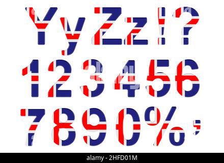 Letters with Icelandic flag. A, B, C, D, E, F, G, H, I uppercase and ...