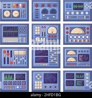 Retro control panels, spacecraft dashboard with dials, tuners and levers. Old computer interface ...
