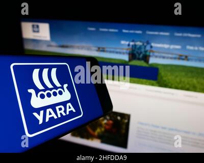 Logo of the public company Yara International displayed on a computer screen in close-up. Credit ...