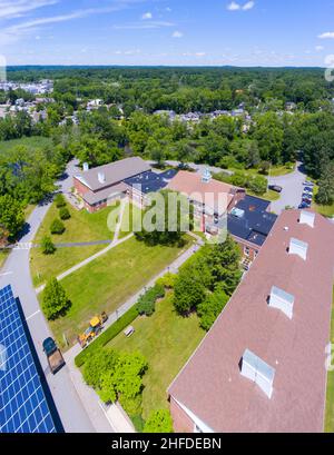 Wayland Town Hall aerial view at 41 Cochituate Road in historic town ...