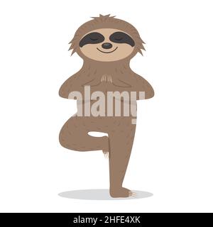 Sloth stands in yoga pose, color isolated illustration in cartoon style ...