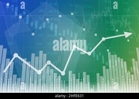 Green finance background with numbers, columns, lines, arrow. 3D render ...