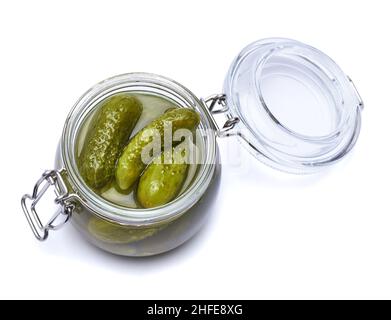 Can of Tasty green cornichons isolated on a white background Stock ...