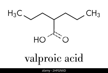 Valproic acid or valproate epilepsy (seizures) drug molecule. Skeletal ...