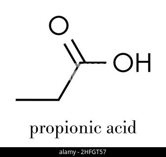 Propionic acid (propanoic acid) molecule. Used as preservative in food ...