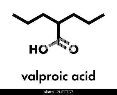 Valproic acid or valproate epilepsy (seizures) drug molecule. Skeletal ...
